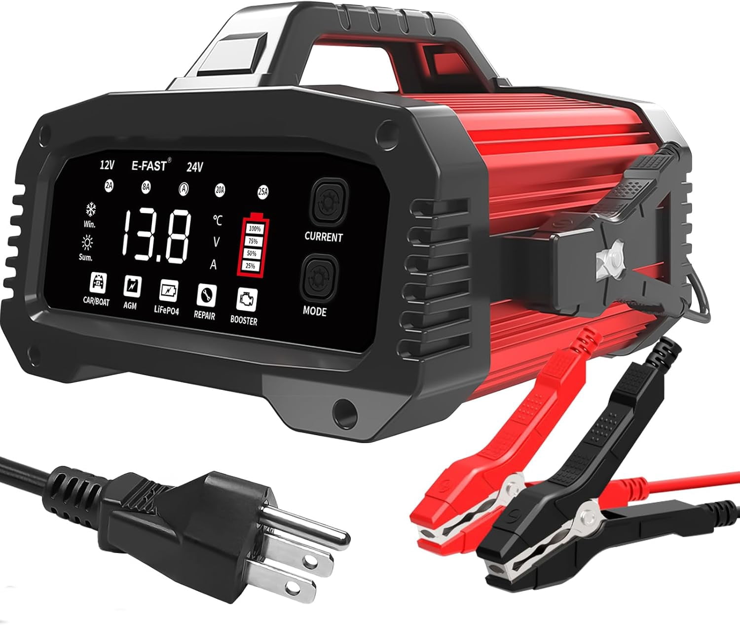 25A Smart Car Battery Charger, 12V/24V Automatic Automotive Battery ...
