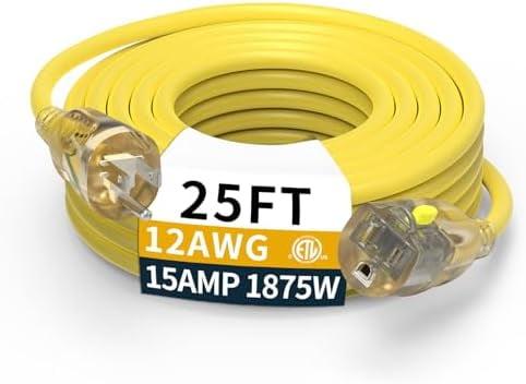 25FT 12/3 Gauge Heavy Duty Outdoor Extension Cord Waterproof ...