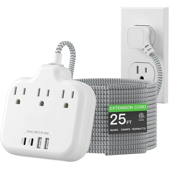 25FT Extension Cord with C - White Flat Plug Braided Extension Cord ...