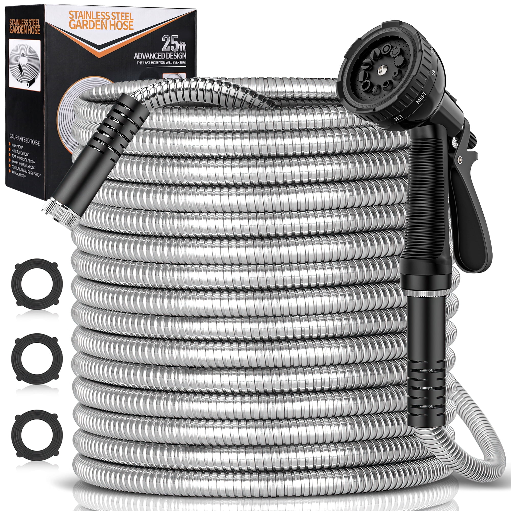 25FT Metal Garden Hose, 304 Stainless Steel, 10 Function Nozzle, Brass ...
