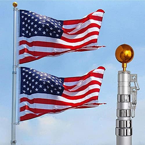 25FT Telescopic Flag Pole Free 3'x5' Flag & Golden Ball Top Kit ...