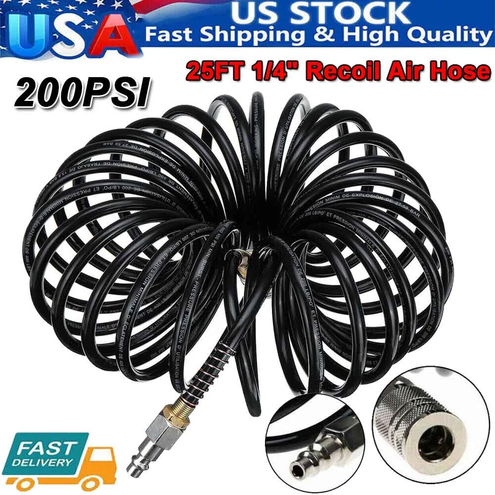 25Ft 1/4" Npt Recoil Air Hose Recoil Spring Ends Pneumatic Air ...