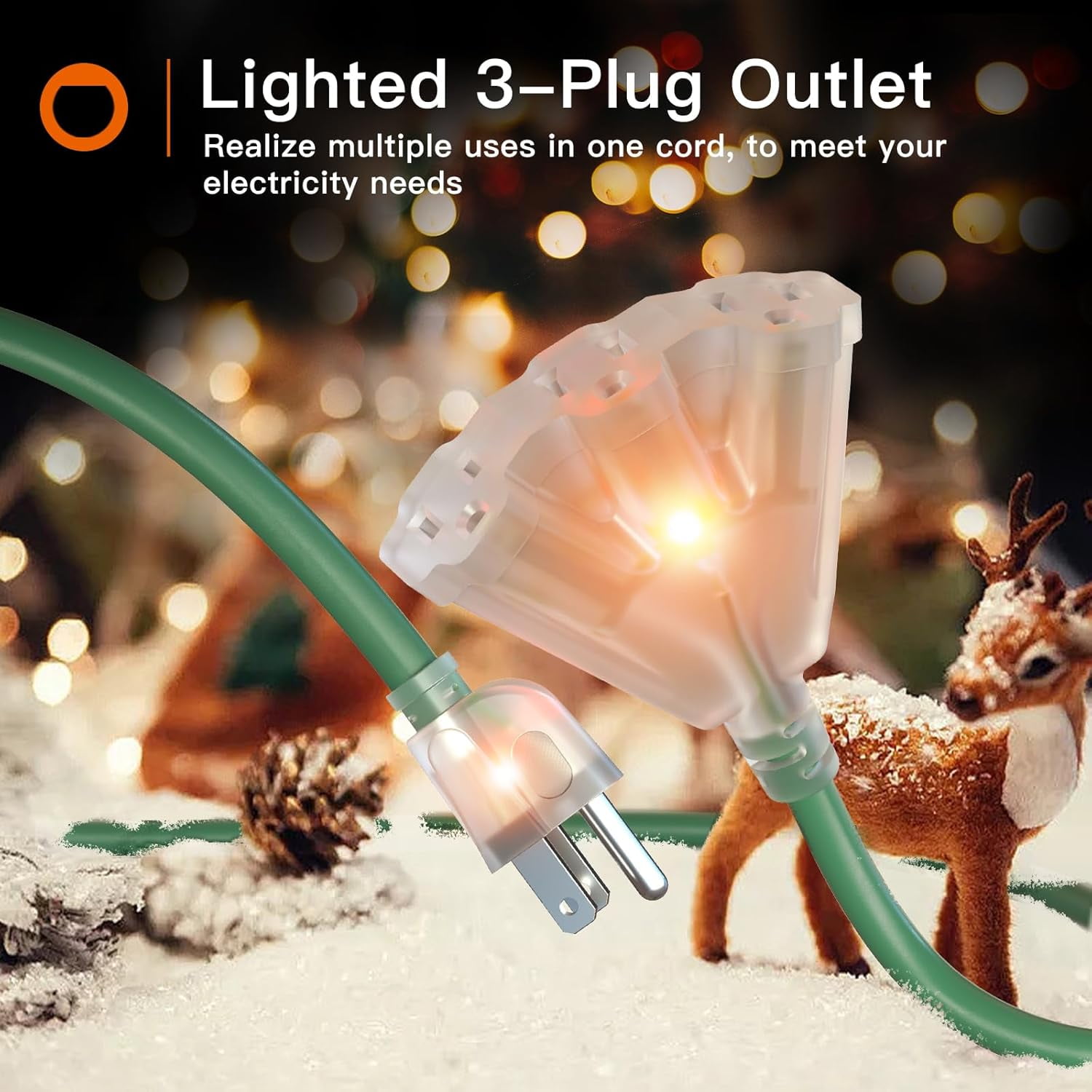 25Ft 16/3 Lighted Outdoor Extension Cord With 3-Plug Outlet, Heavy Duty ...