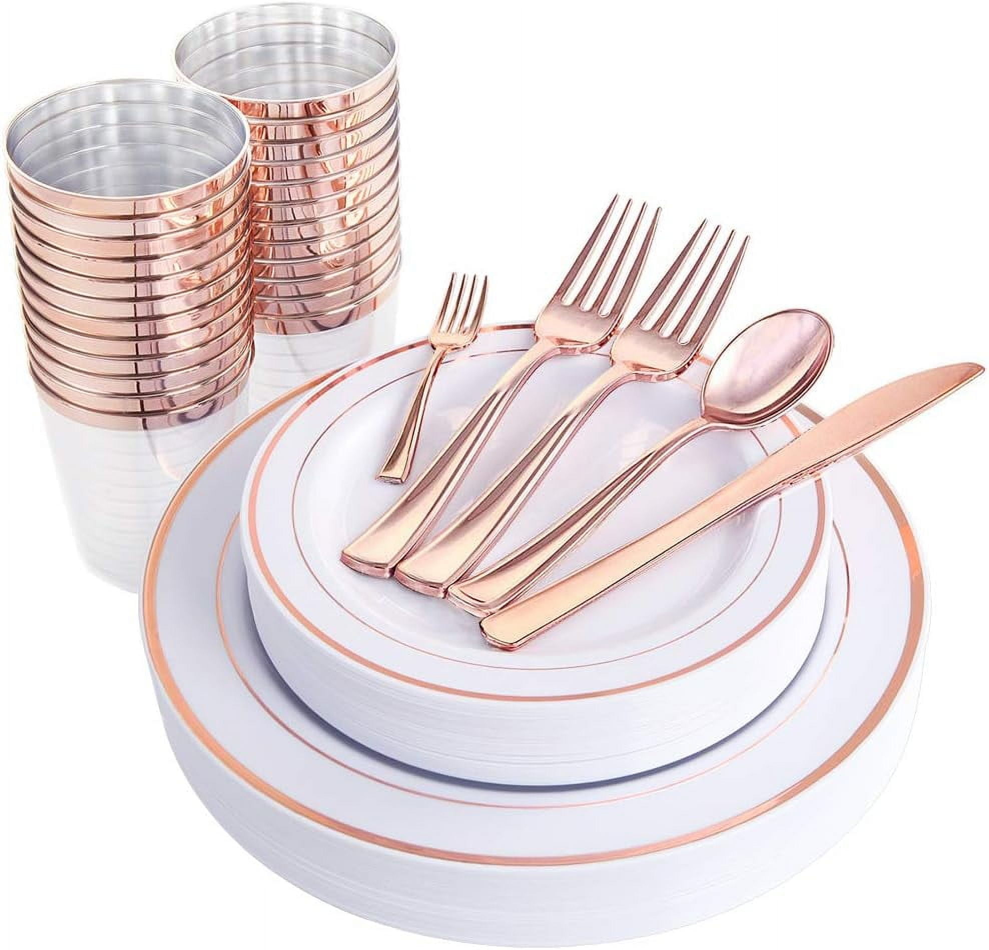 25Guest Disposable Rose Gold Plastic Dinnerware Set - 25 Dinner Plates ...