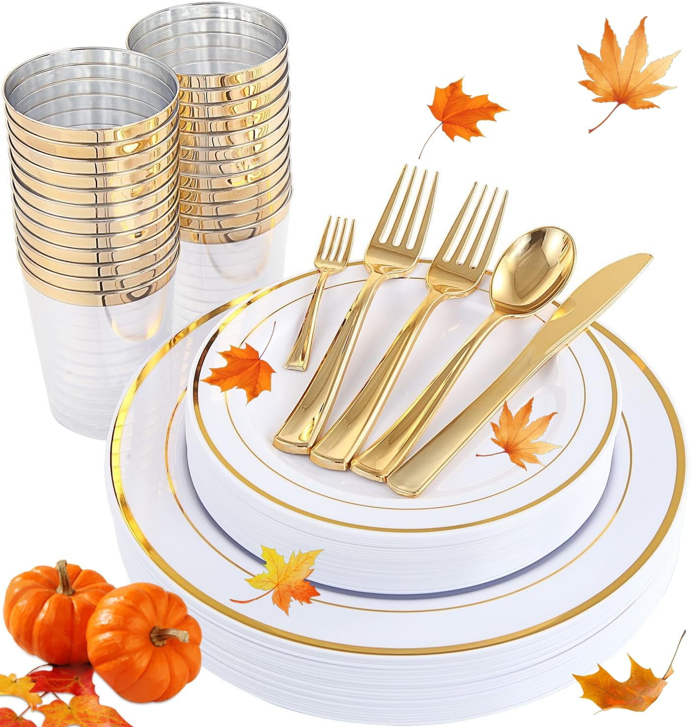 25Guest Gold Plastic Plates Thanksgiving Plates - Fall Pastic Plates ...