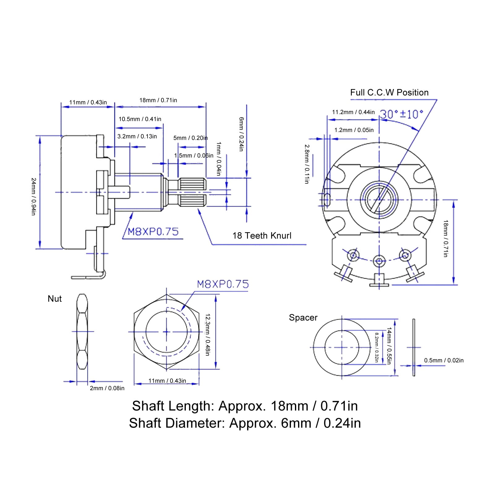 25K Ohm Guitar Pots, 18mm Shaft, Metric M8 Thread, Replacement Volume ...