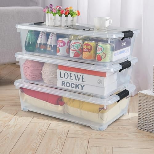 25L Plastic Underbed Storage Containers Boxes with Wheels, 3 Packs ...