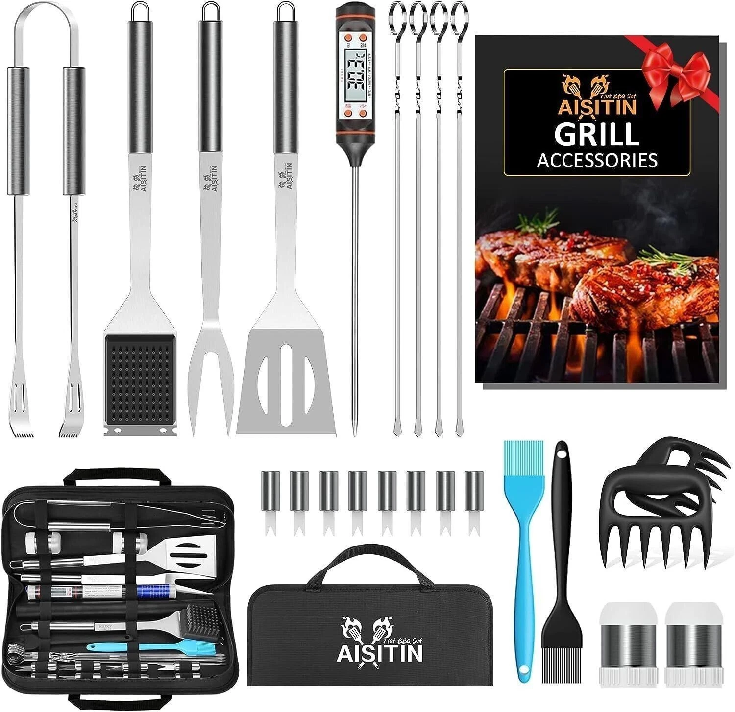 25PCS BBQ Tool Set Stainless Steel with Case Outdoor Grill Utensil ...