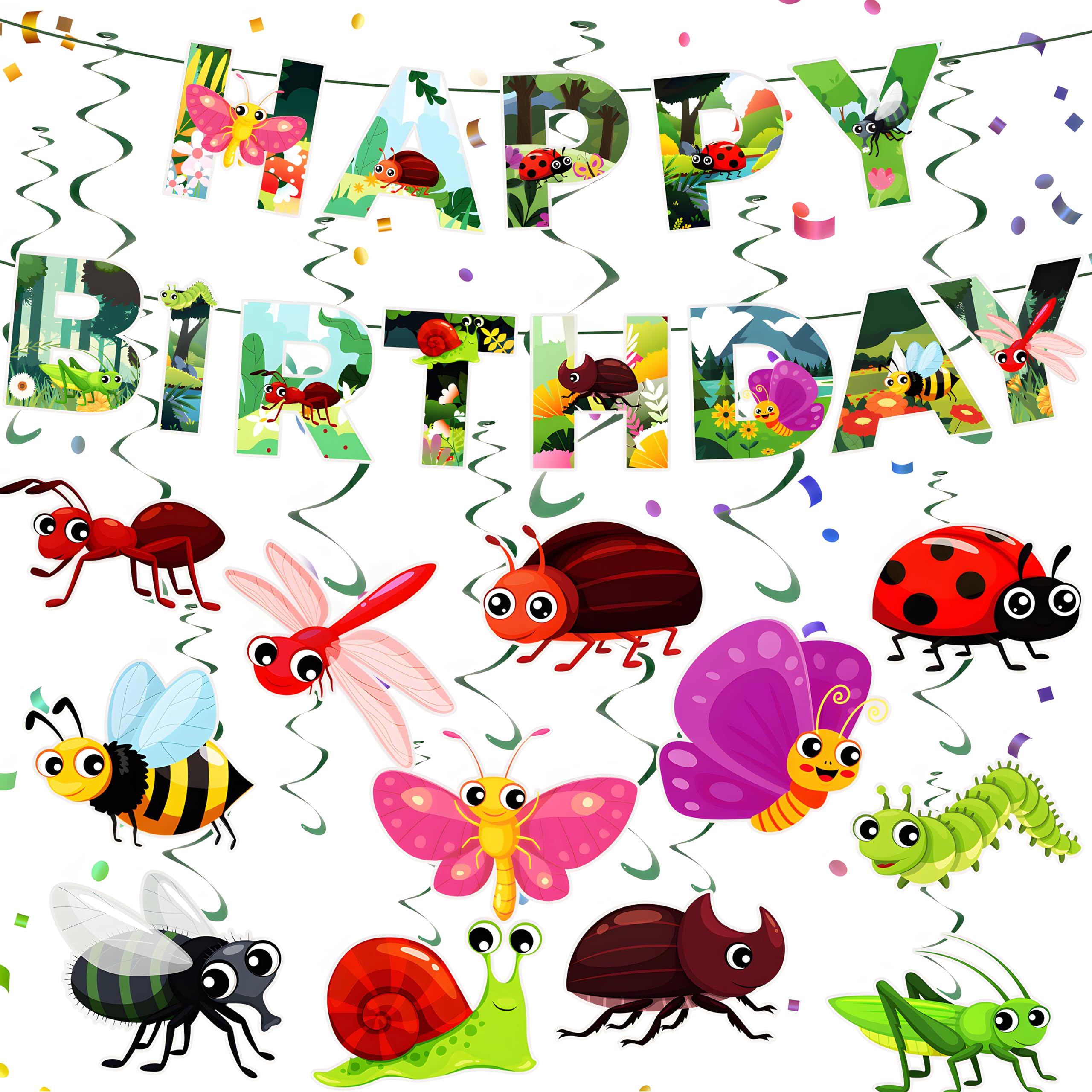 25PCS Happy BirthdayTRDN Banner - Bugs Hanging Swirls Insect Decoration ...