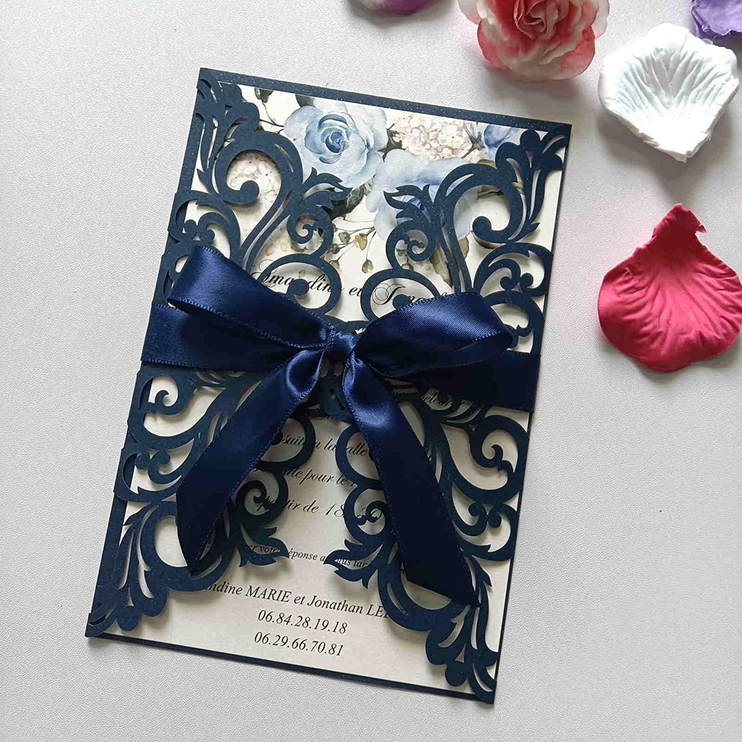 25PCS Pearl Navy Blue Laser Cut Wedding Invitations Cards with ...