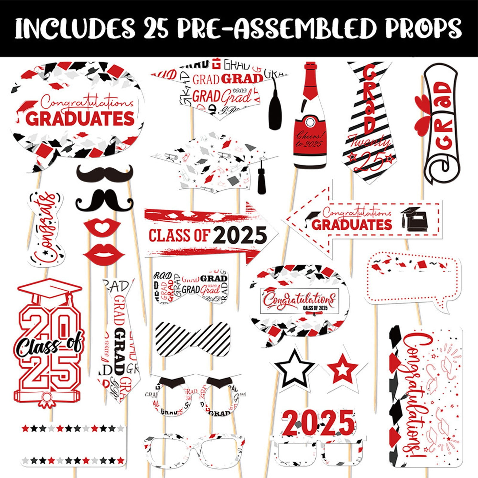 25PCS Red Class of 2025 Graduation Photo Booth Props – Congrats Grad ...