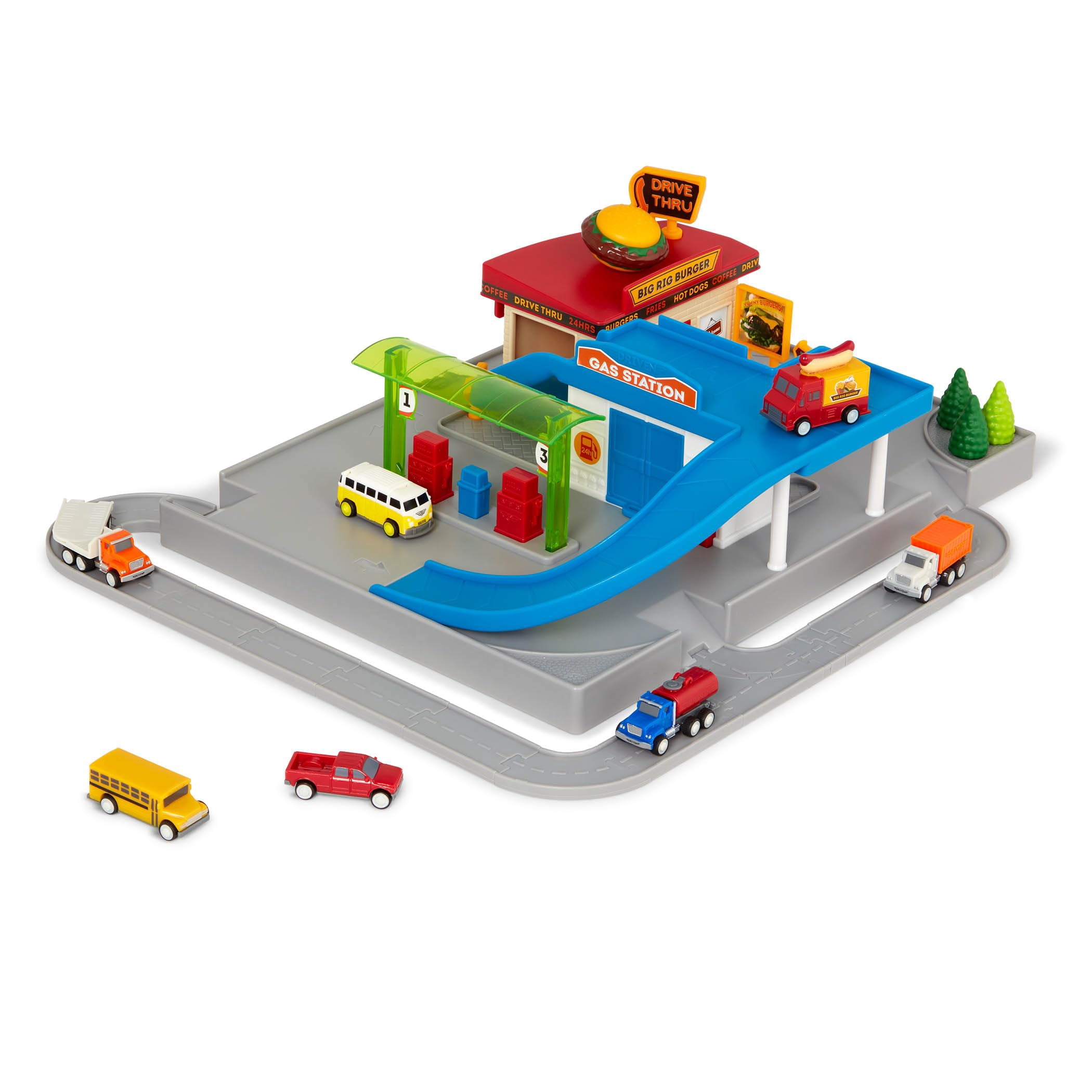 - 25Pc Drive-Thru Playset - Mini Car Track Set - Food Truck, School Bus ...