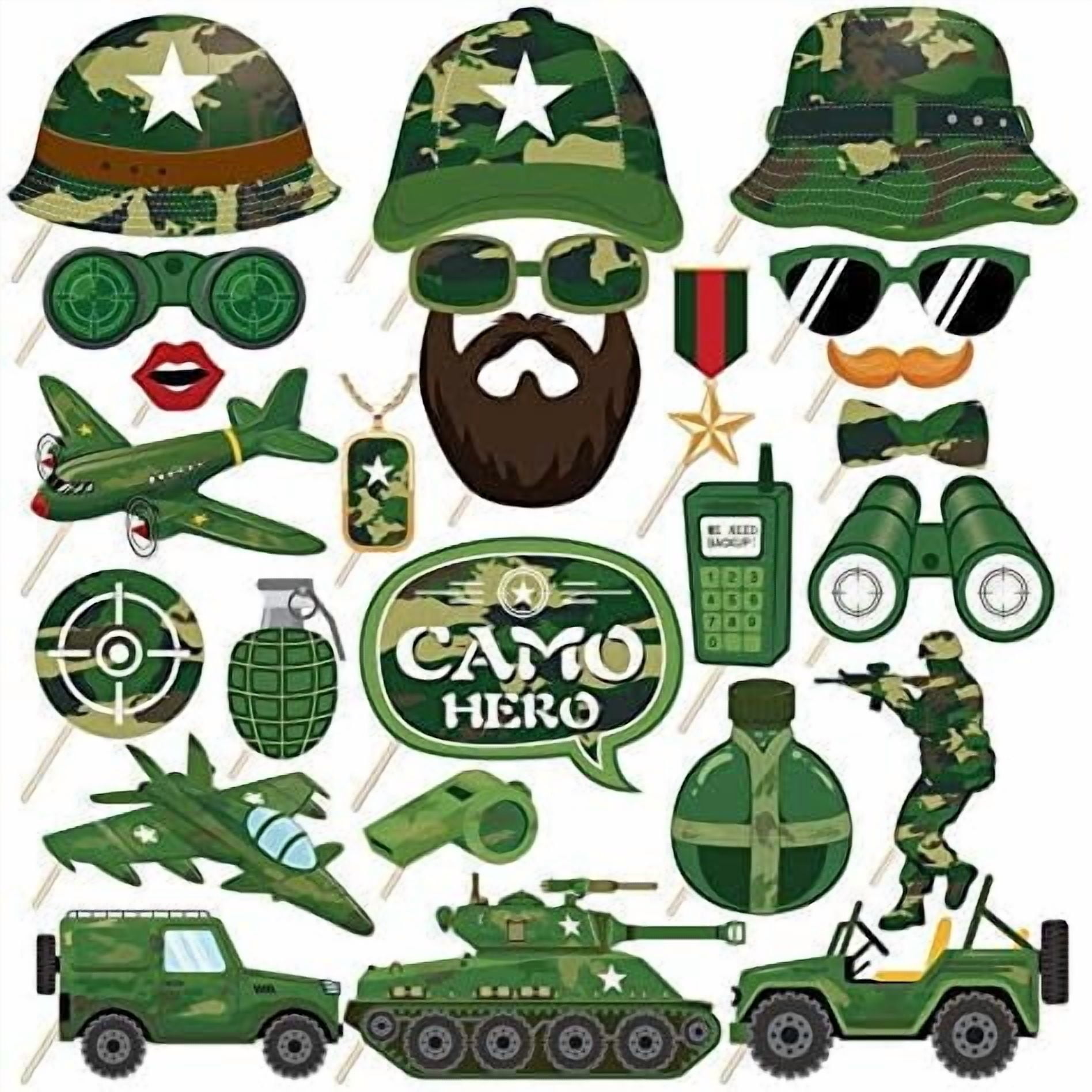 25Pcs Army Photo Booth Props with Stick,Camouflage Theme Selfie Props ...
