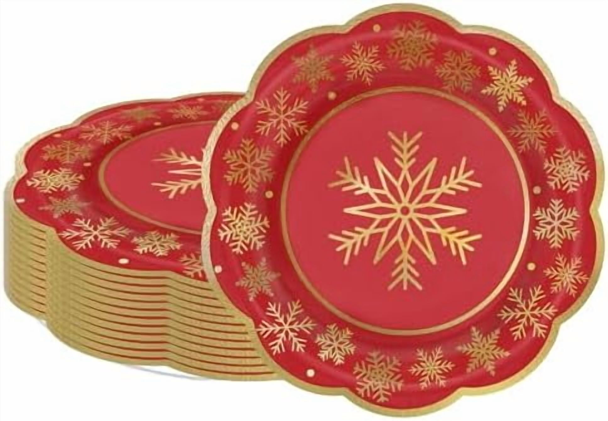 25Pcs Christmas Paper Plates, Red Snowflake Gold Foil Stamped Finish ...