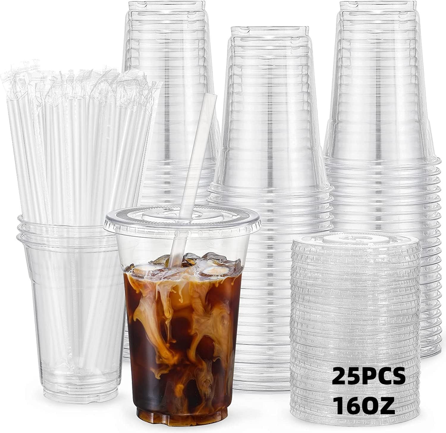 25Pcs Clear Plastic Cups with Lids and Straws, 16 oz Disposable To Go ...