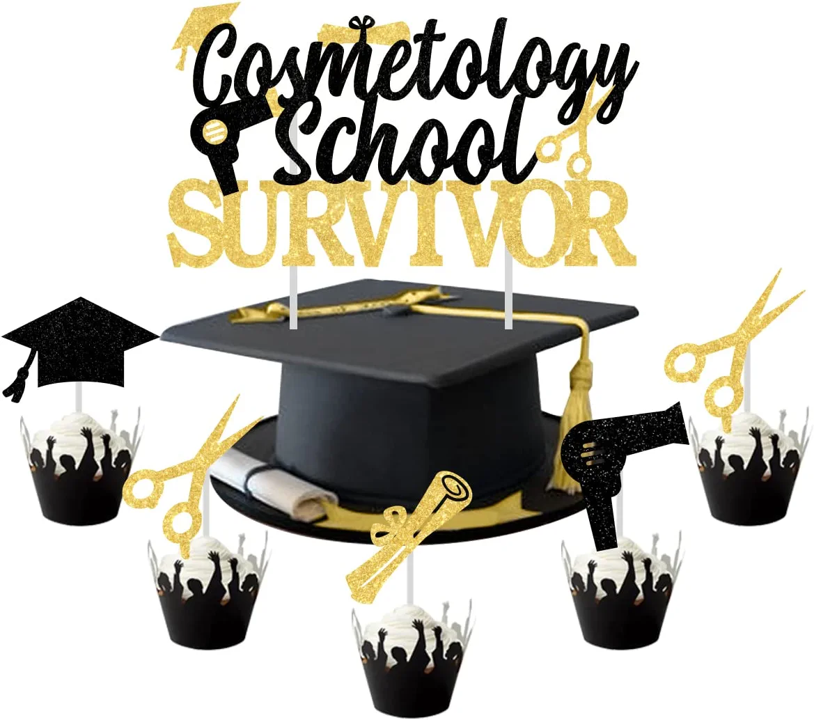 25Pcs Congrats Cosmetology Grad Cake Decorations Black Gold ...