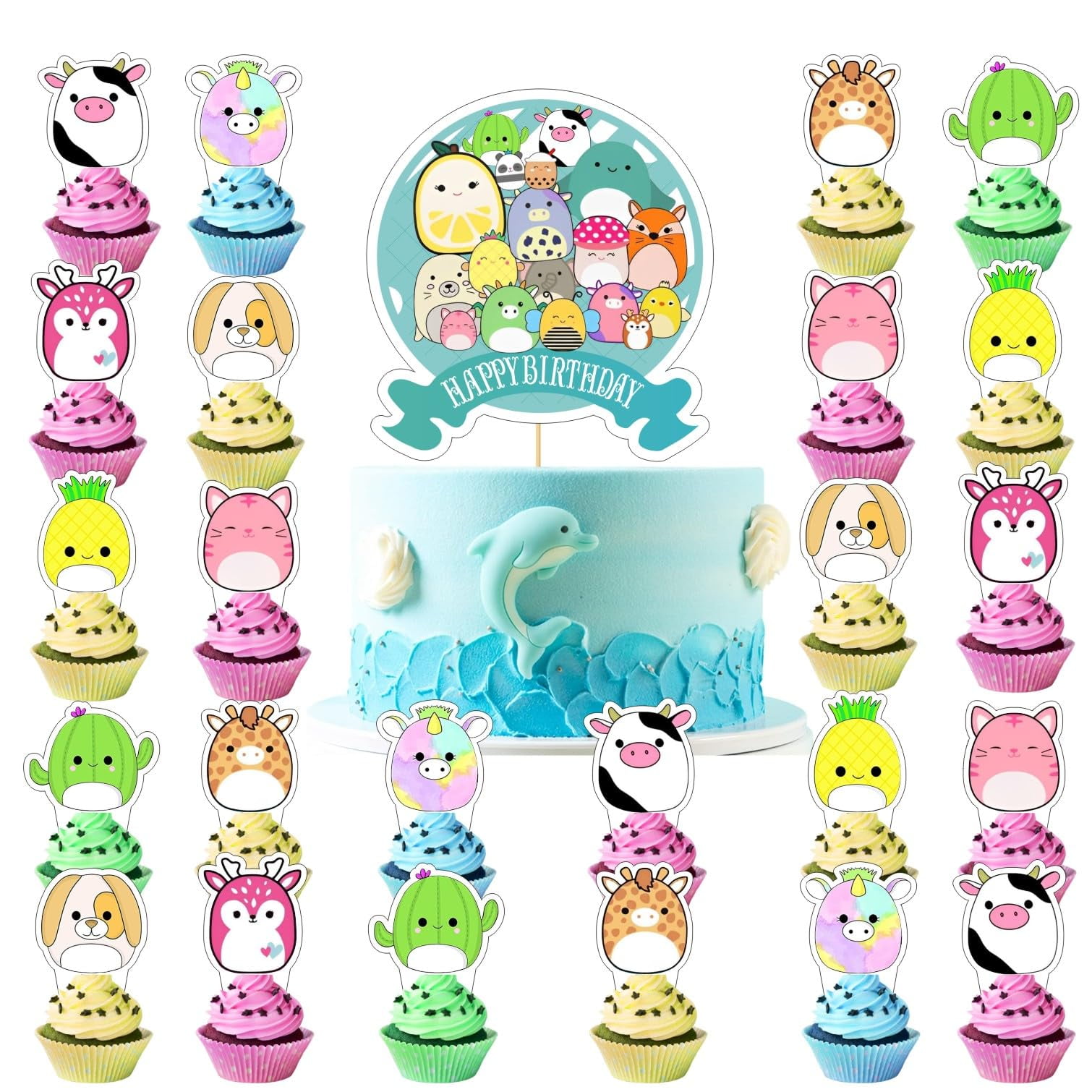 25Pcs Cute Animal TWE5 Cake Decorations with 24pcs Cupcake Toppers ...
