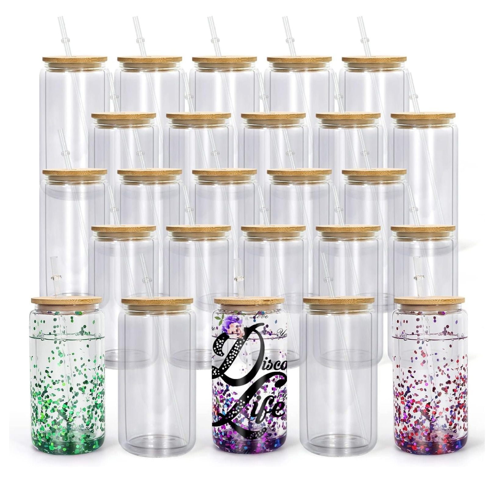 25Pcs Double Wall Glass 16 OZ Sublimation Glass Blanks with Bamboo Lid ...