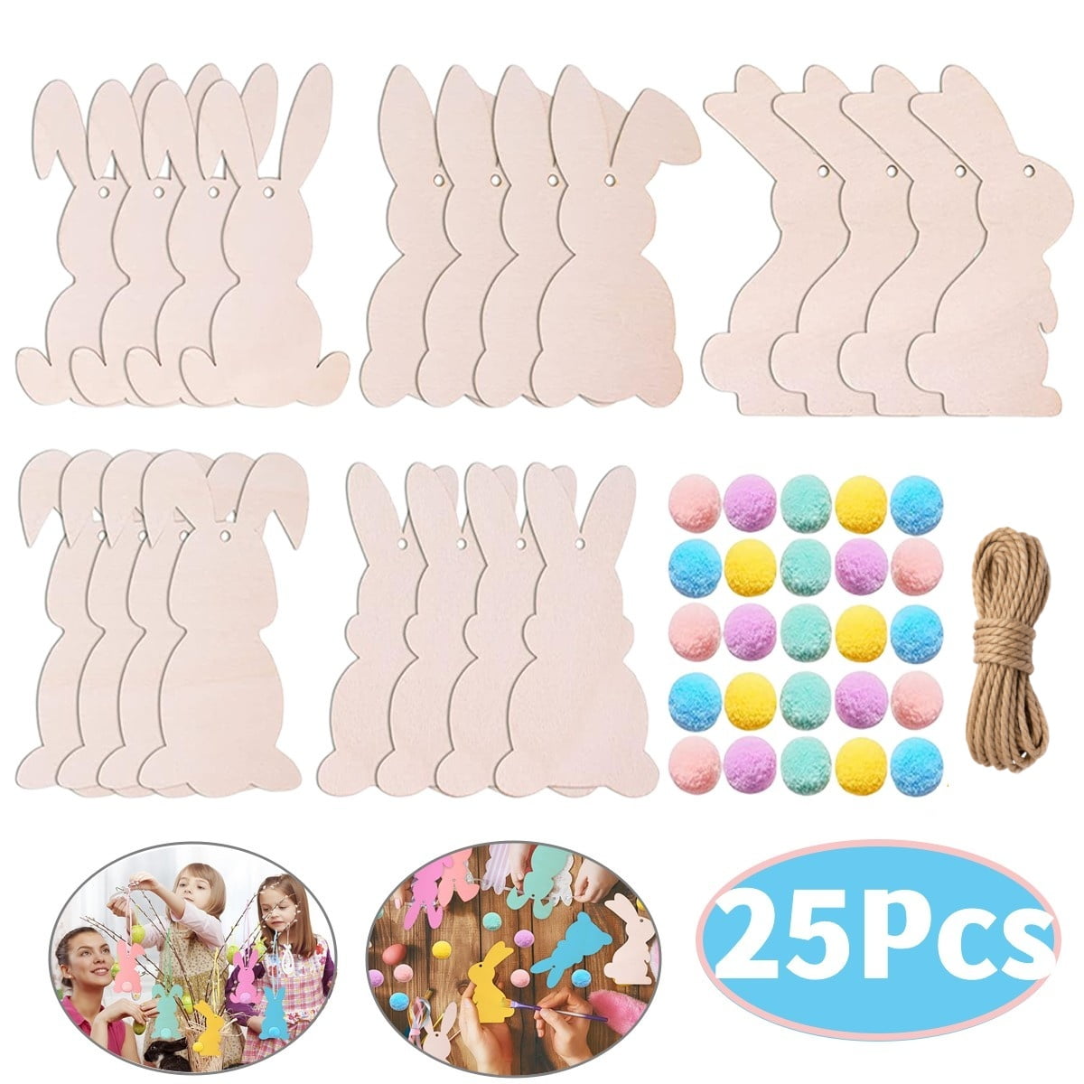 25Pcs Easter Wooden Bunny Cutouts Unfinished Bunny Ornament for Easter ...
