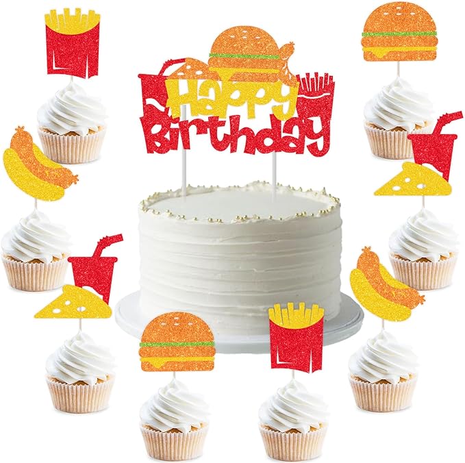 25Pcs Fast Food Birthday Cake Cupcake Toppers Hamburger Happy Birthday ...