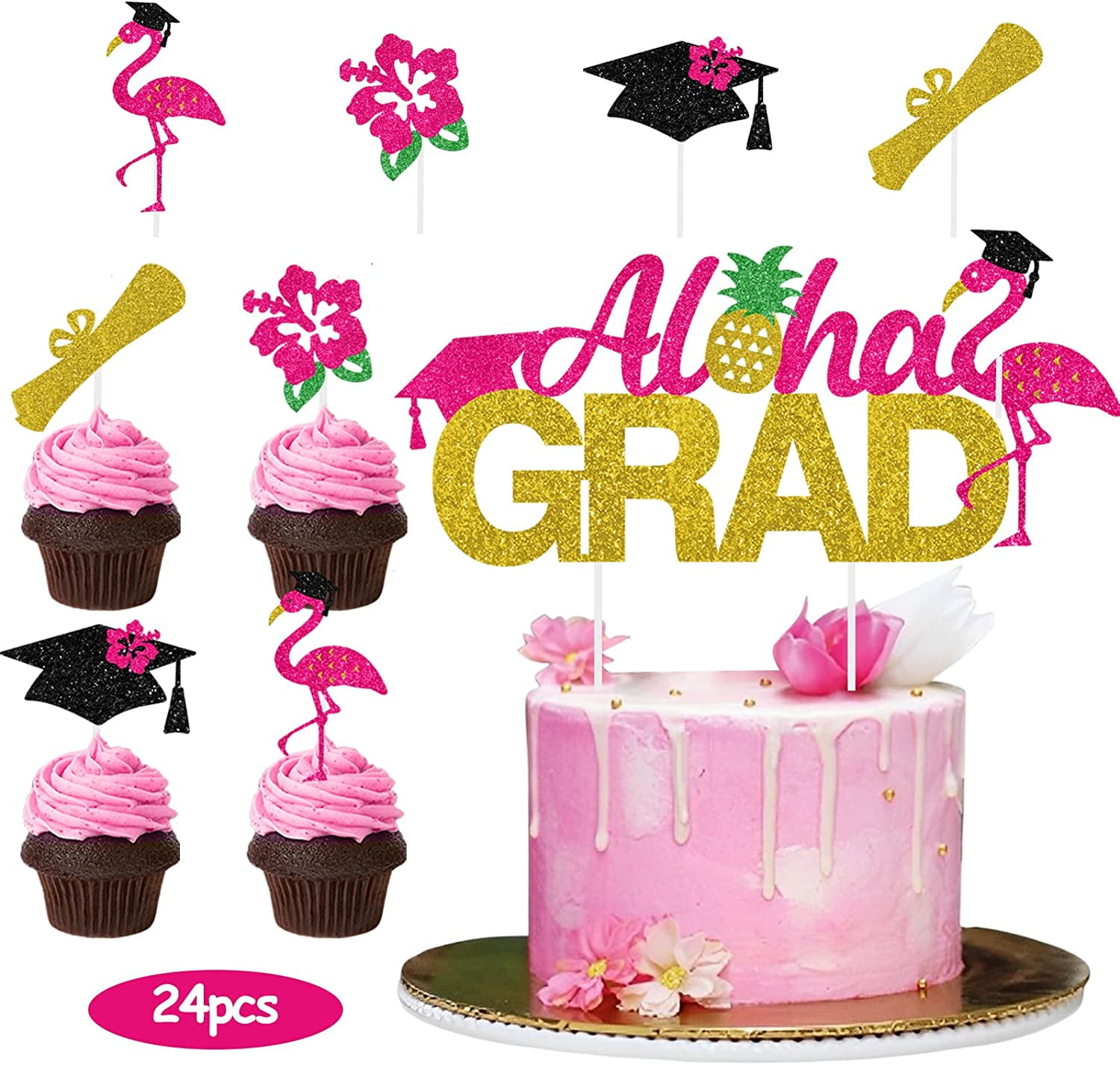 25Pcs Glitter Graduation Cake&Cupcake Toppers, Aloha Grad Cake ...