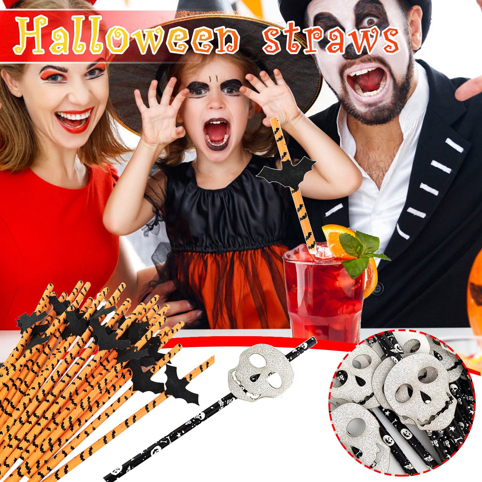 25Pcs Halloween Skull Bat Paper Straws, Halloween Glitter Skull Bat ...