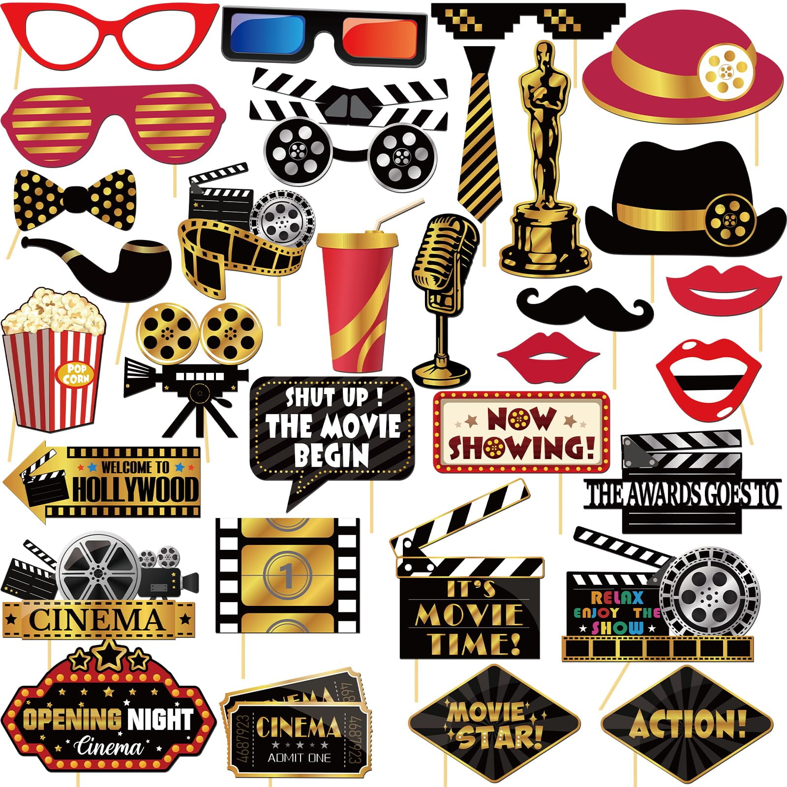25Pcs Hollywood Photo Booth Props Kit, Movie Night Theater Red Carpet ...