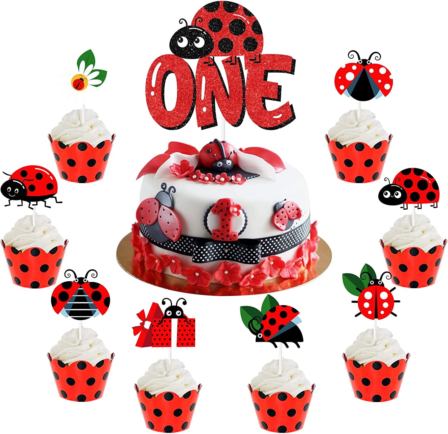 25Pcs Ladybug Cake Topper for Girl Baby Shower Ladybird One Cake Topper ...