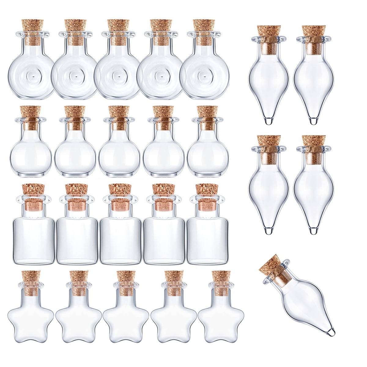 25Pcs Mini Glass Bottles Set, 5 Shapes with Cork Lids, Decorative Vials ...