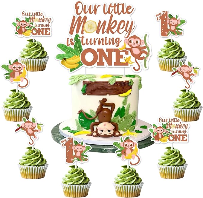 25Pcs Monkey 1st Birthday Cake Cupcake Toppers, Our Little Monkey is ...
