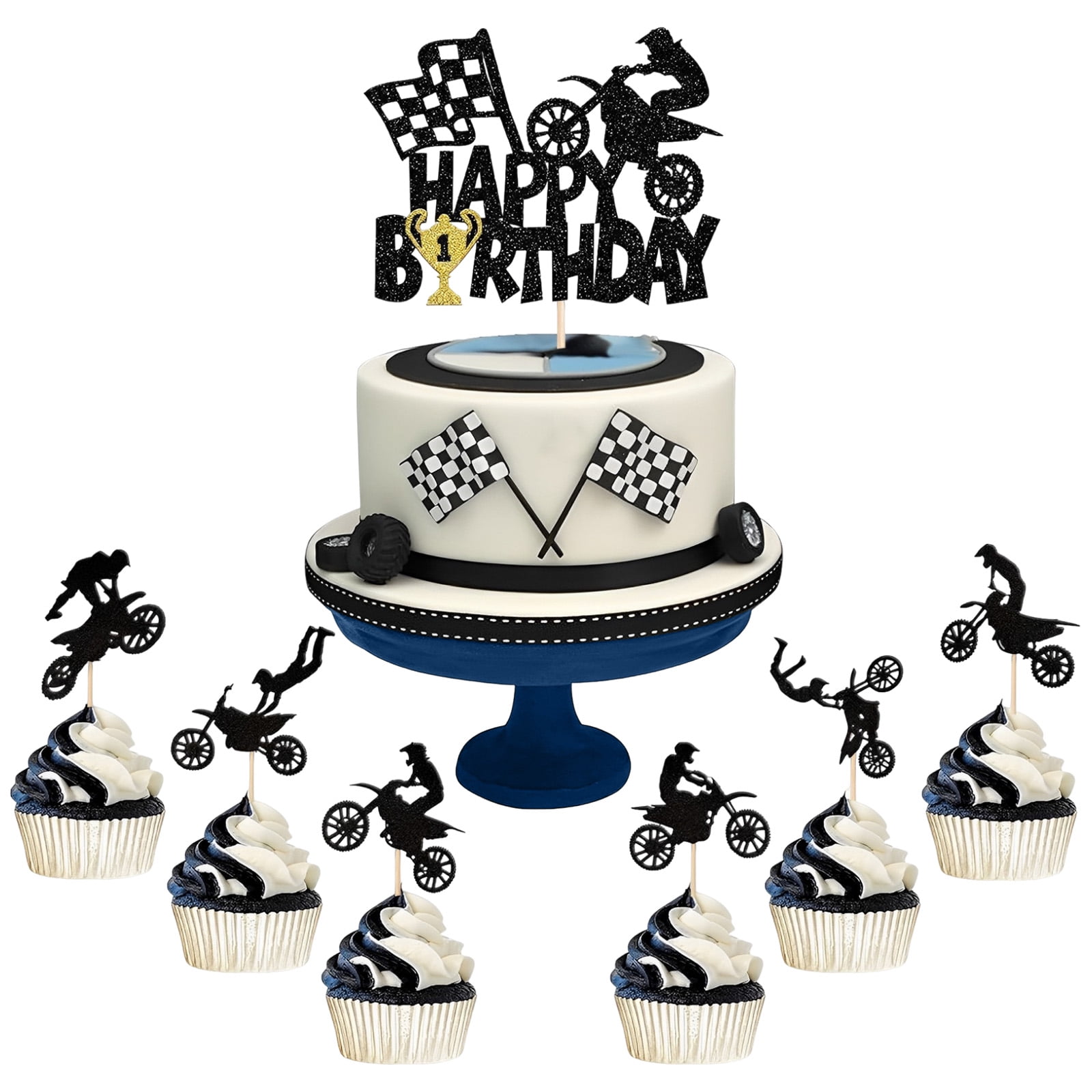 25Pcs Motocross Motorcycle Cupcak Topper, Black Glitter Decorations ...