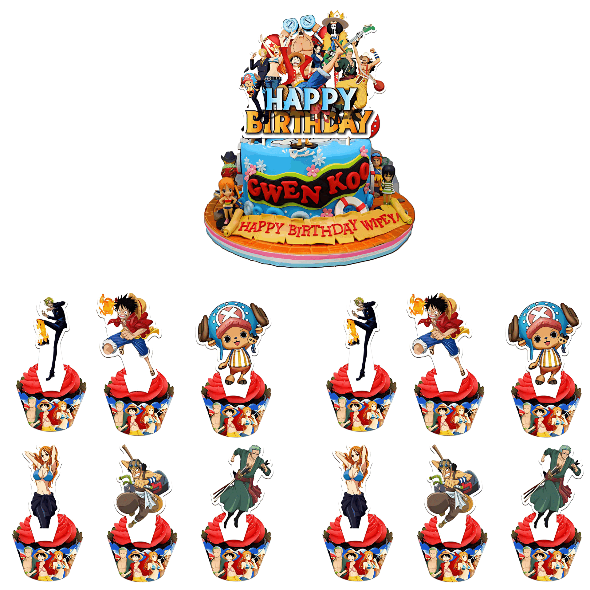 25Pcs One Piece Cake Decorations with 24pcs Cupcake Toppers, 1pcs Big ...