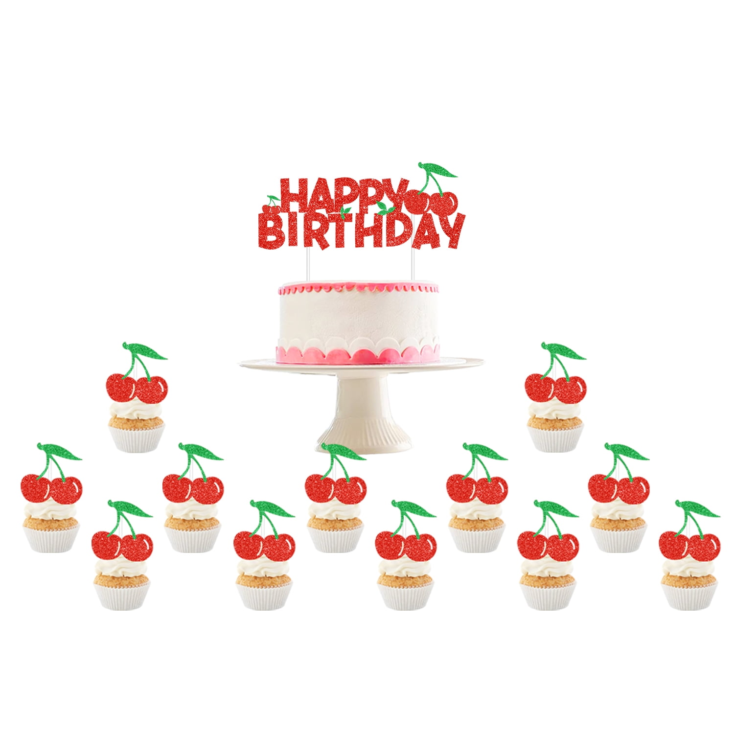 25Pcs Red Cherry Cake Toppers Glitter, Fruit Cherry Themed Birthday ...