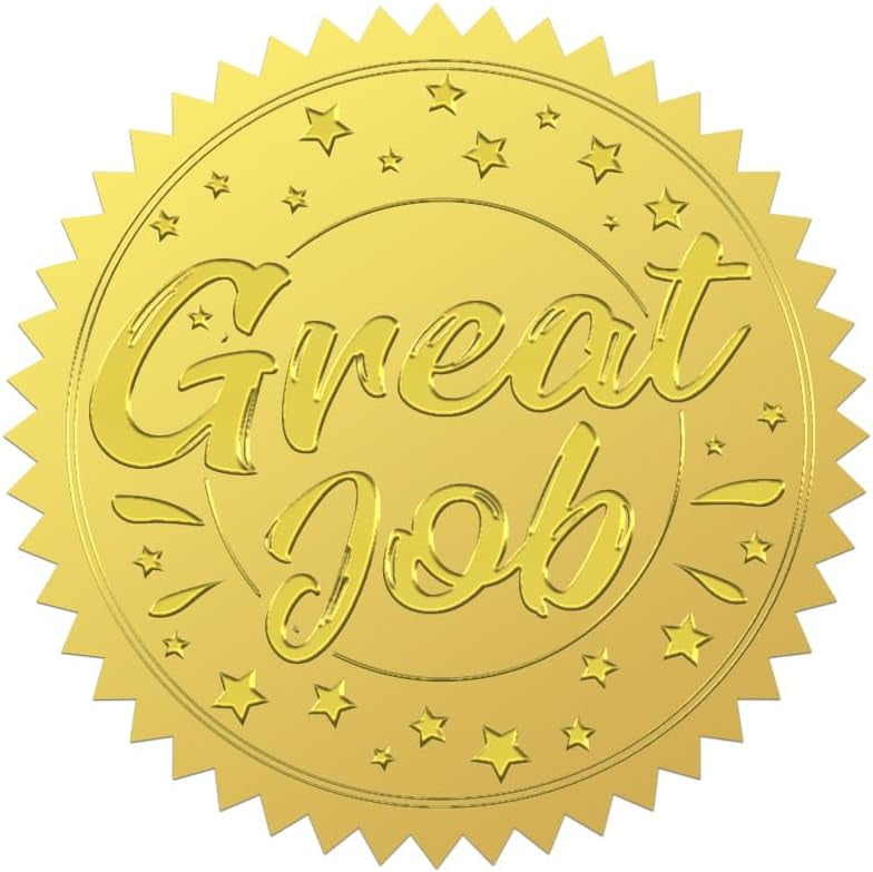 25Sheet 100Pcs 2'' Great Job Gold Foil Embossed Sticker Round Offical ...