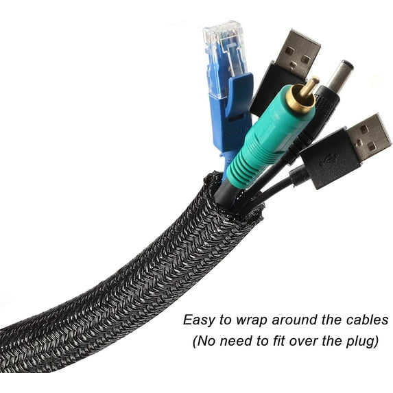 25ft 1/2" Braided Cable Management Sleeve, Black Self-Wrapping Split ...