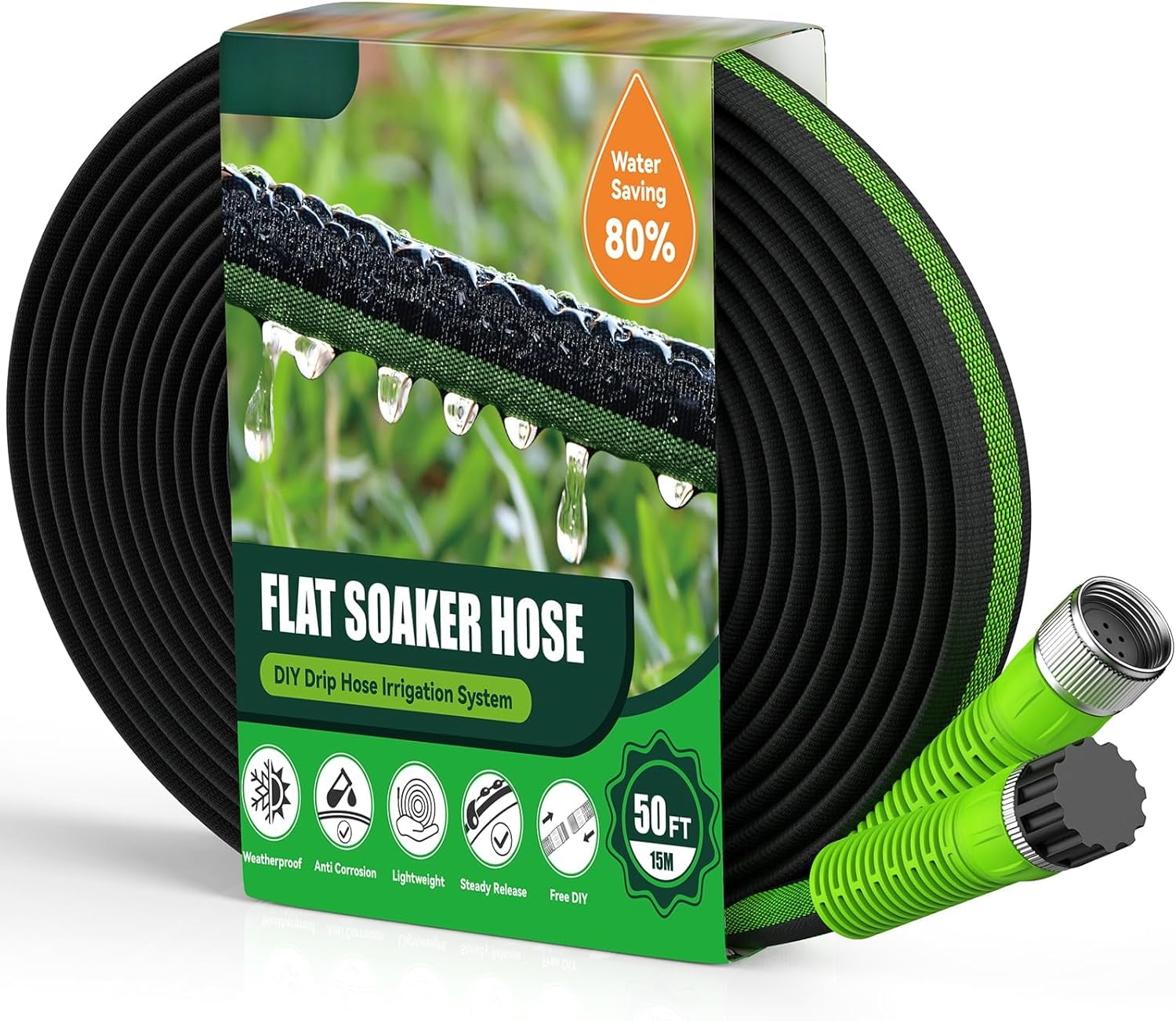 25ft Flat Soaker Hose, 80% Water-Saving Drip Irrigation Hose, Leakproof ...