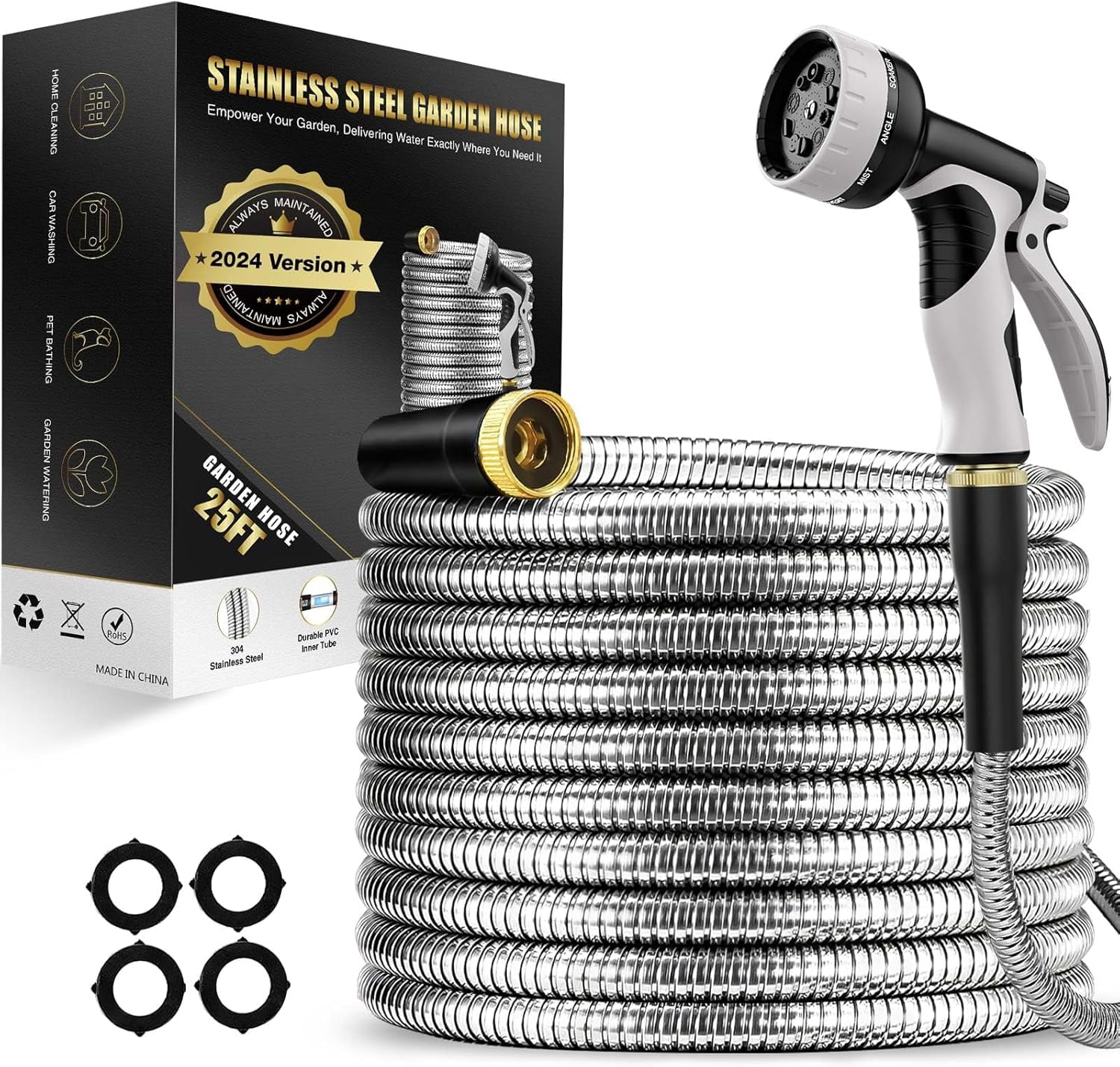 25ft Garden Hose, Metal Hose with Nozzle, Leak-Proof Water Hose, 3/4 ...