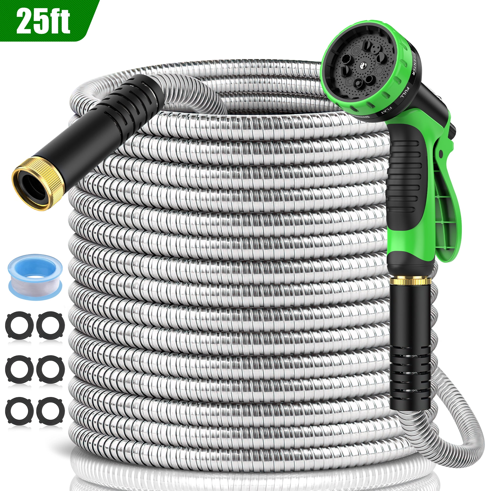 25ft Garden Hose, Metal Stainless Steel Water Hose w/ 10 Functional ...