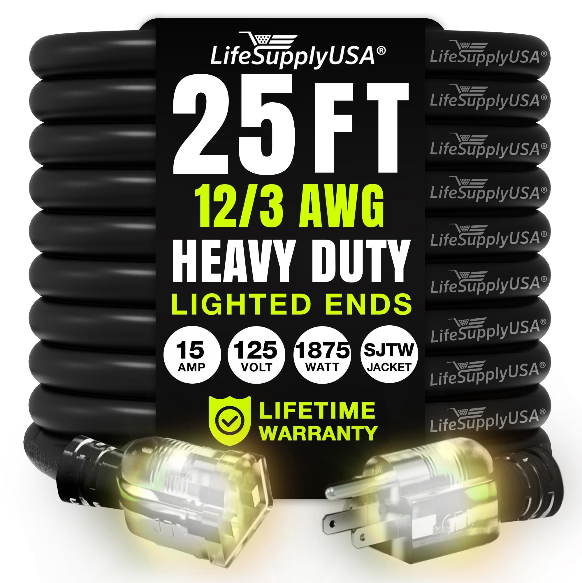 25ft Outdoor/Indoor Extension Cord 12/3 Gauge Extra Heavy Duty 3 Prong ...