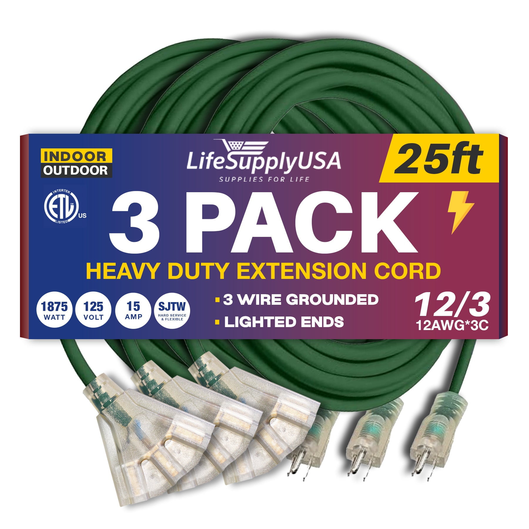 25ft Power Outdoor Extension Cord & Indoor - Waterproof Electric Drop ...