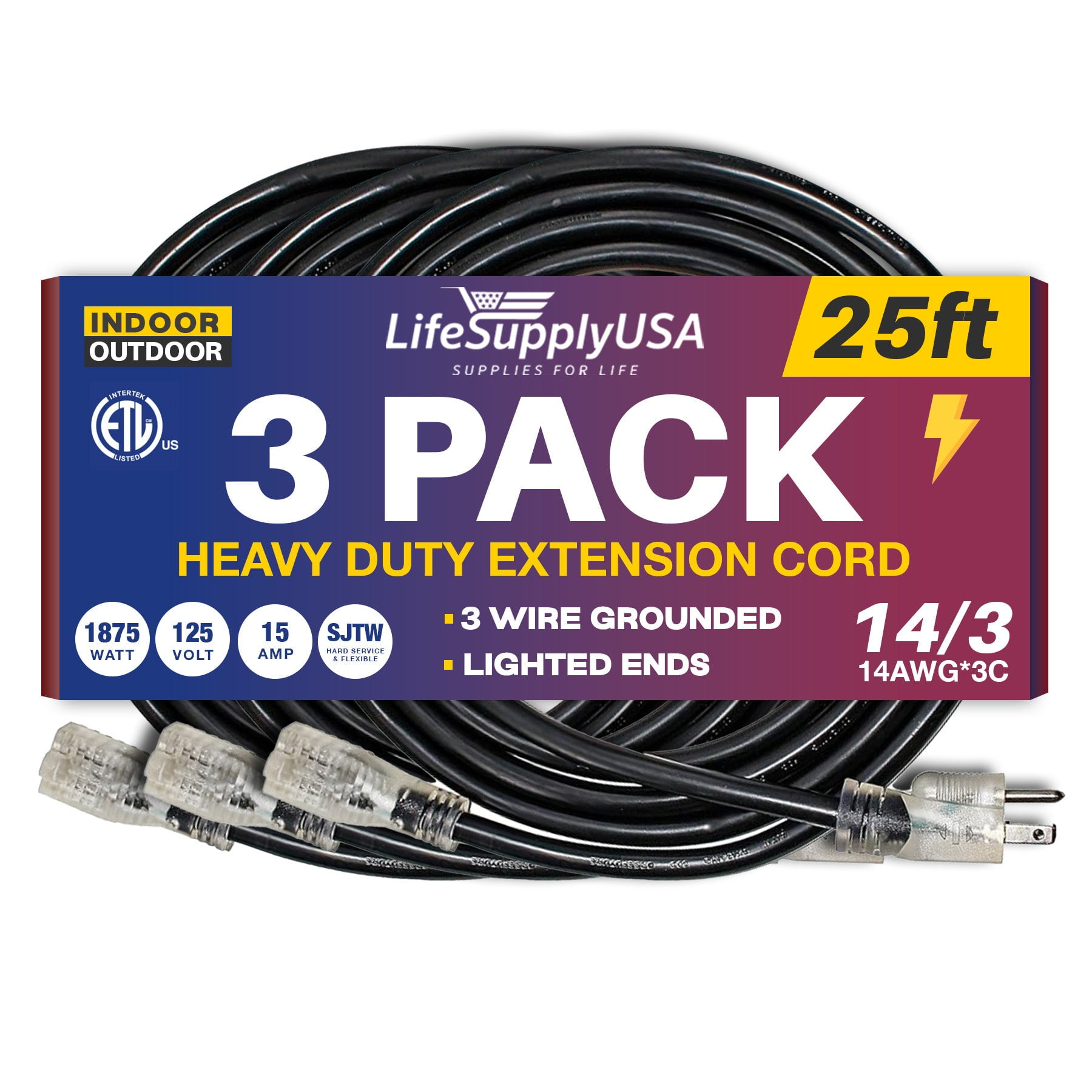 25ft Power Outdoor Extension Cord & Indoor - Waterproof Electric Drop ...