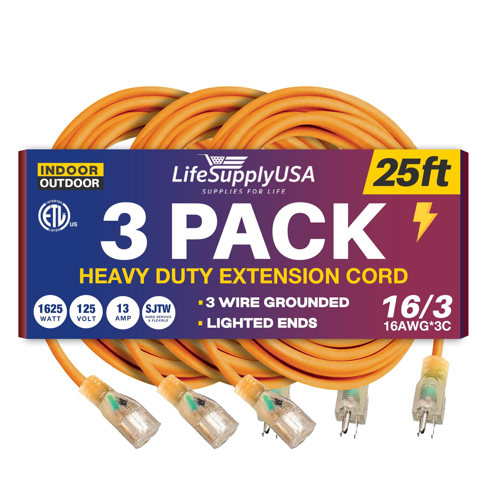 25ft Power Outdoor Extension Cord & Indoor - Waterproof Electric Drop ...