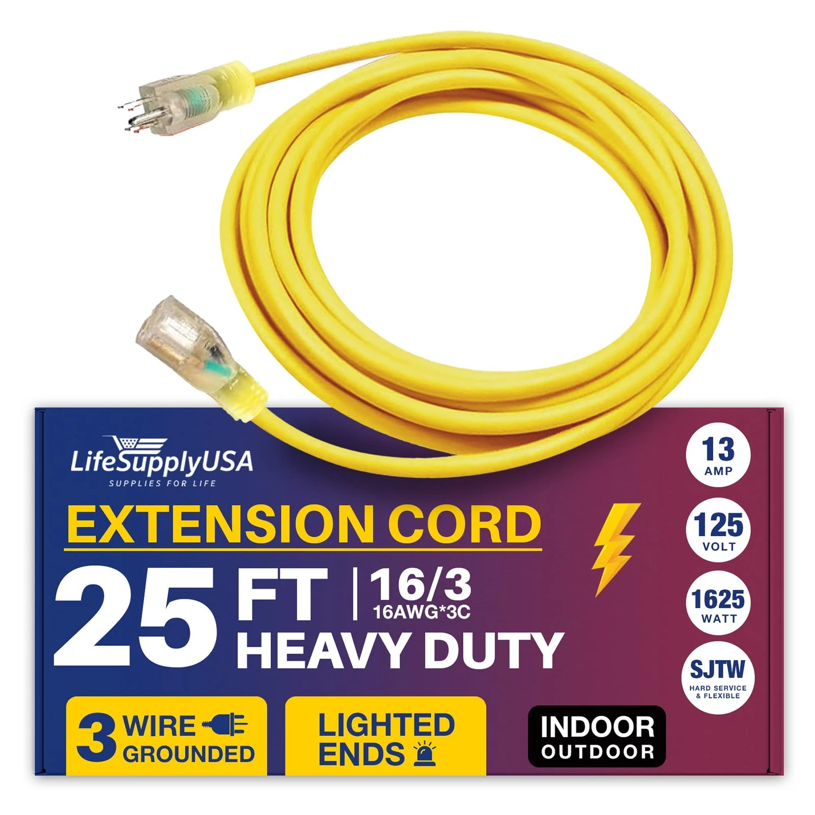 25ft Power Outdoor Extension Cord & Indoor - Waterproof Electric Drop ...