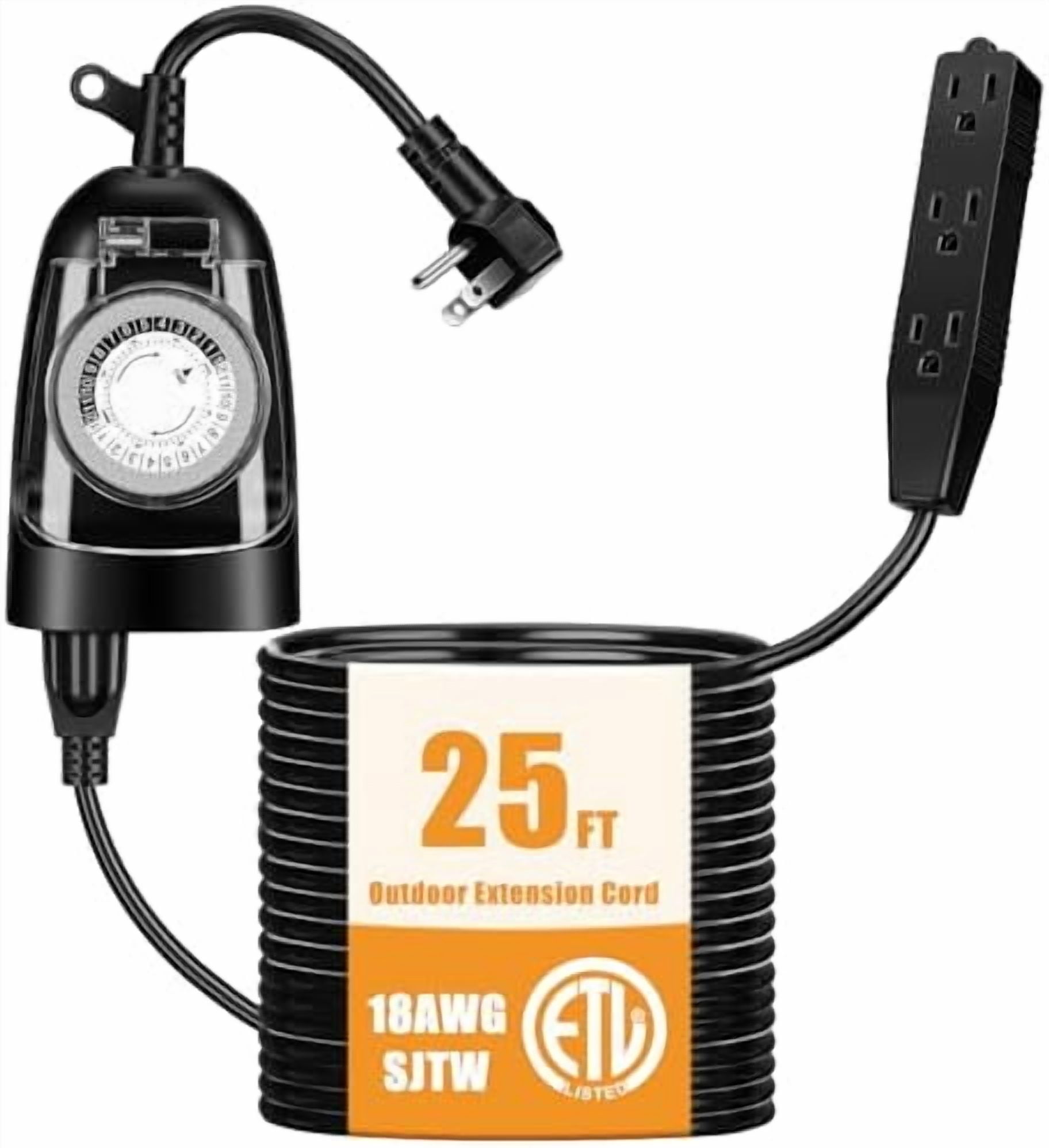 25ft outdoor extension cord with timer. 3 outlets, 18AWG, weatherproof ...