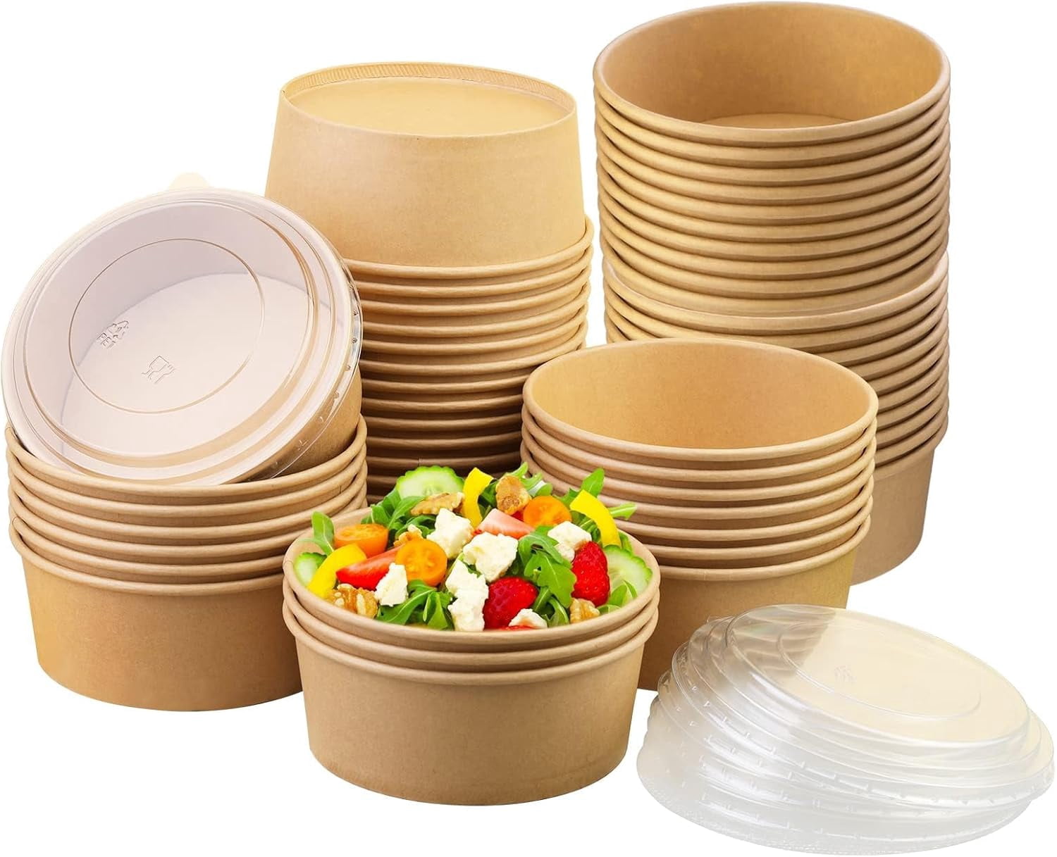 25oz 50pcs Kraft Paper Bowls with Lid, Paper Salad Bowls, Disposable ...