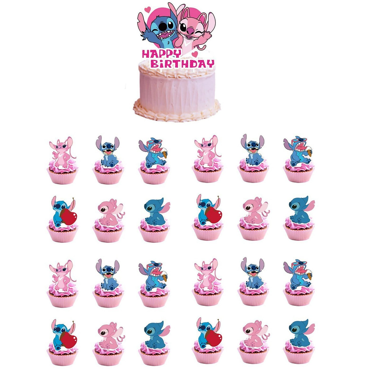 25pc Pink Stitch Cake Toppers, Girl Stitch Birthday Party Cupcake ...