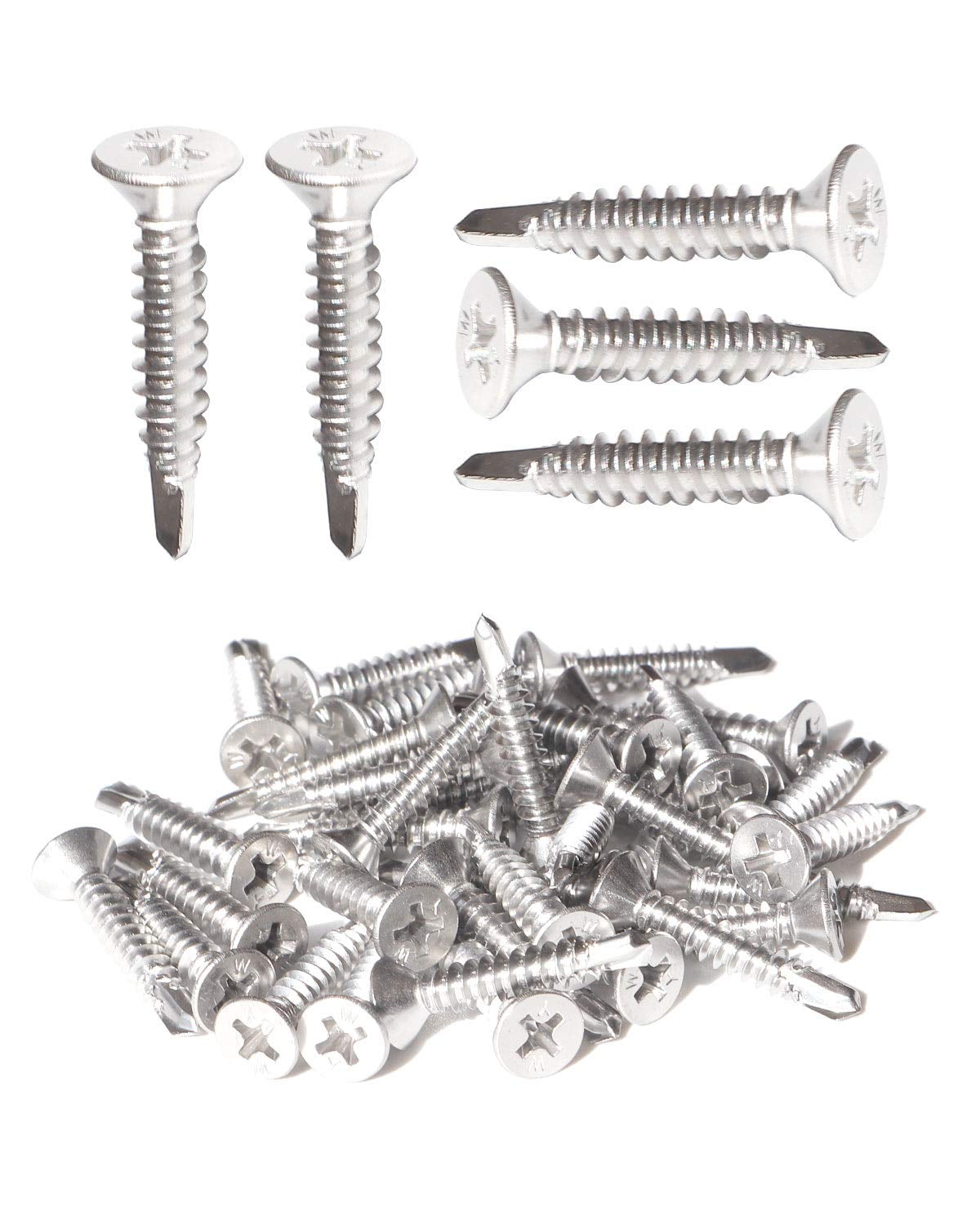 25pcs #14 x 1 Stainless Flat Head Phillips Self Drilling Screws, 410 Stainless Steel Full Thread ...