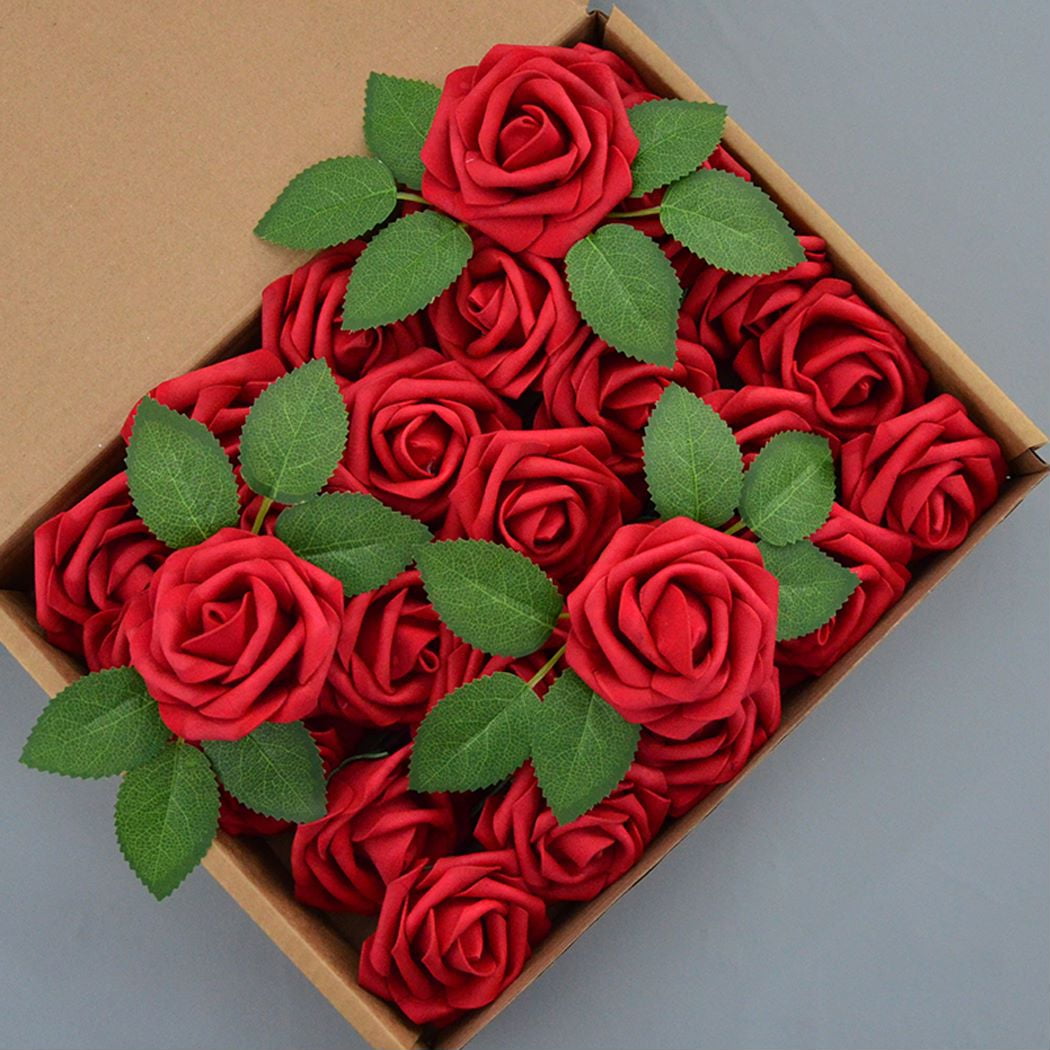 25pcs Artificial Flowers Dark Red Foam Rose Bulk with Stems for DIY ...
