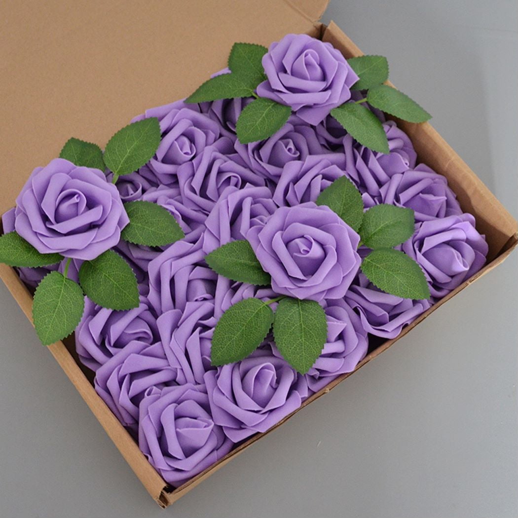 25pcs Artificial Flowers Purple Foam Rose Bulk with Stems for DIY ...
