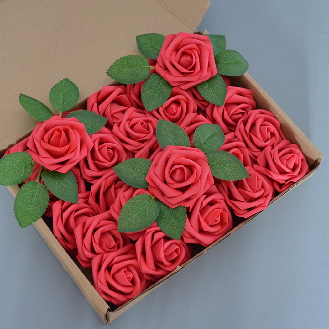 25pcs Artificial Flowers Red Foam Rose Bulk with Stems for DIY Wedding ...
